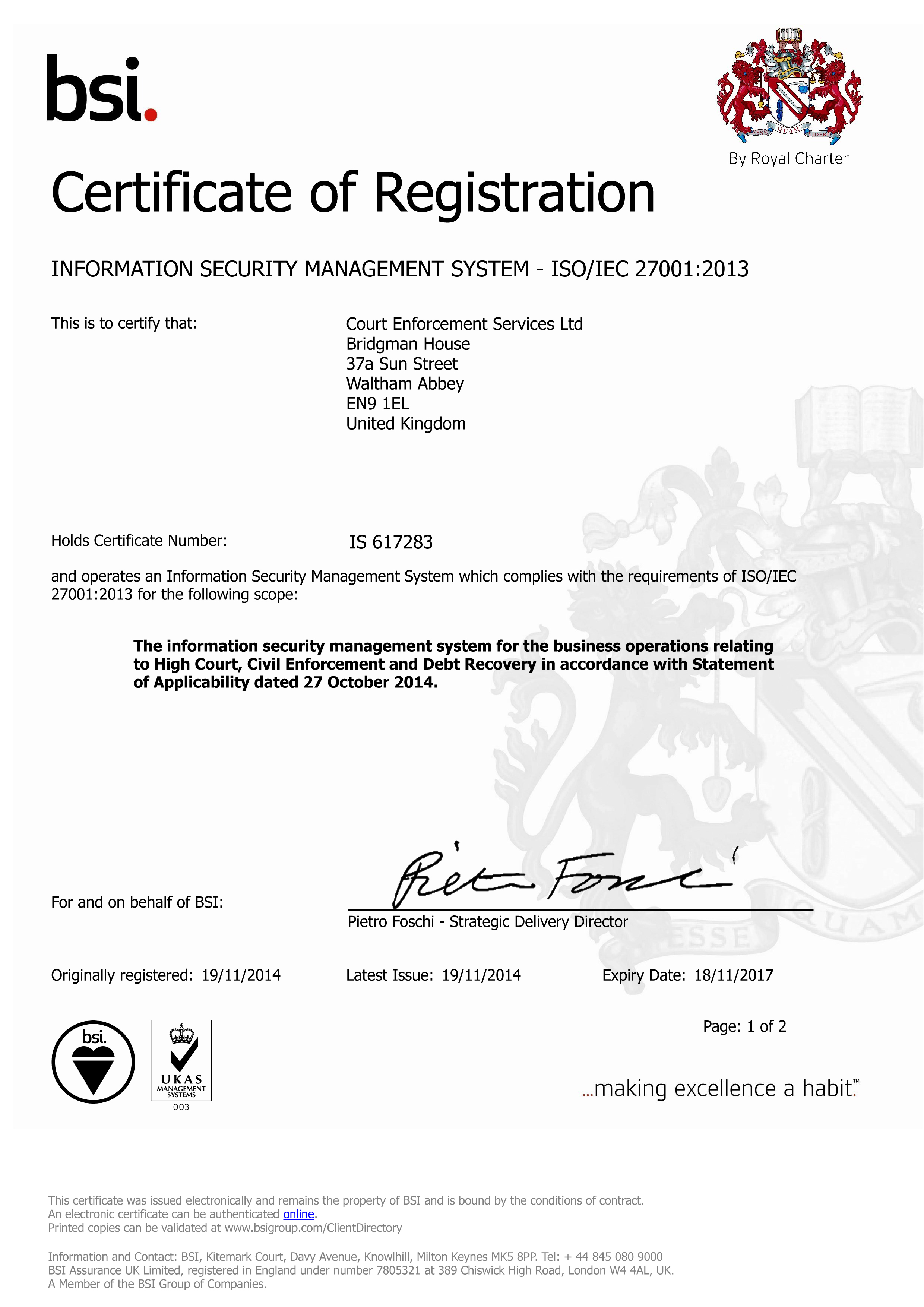 ISO 27001 2013 Certificate IS 617283 1 Page 1